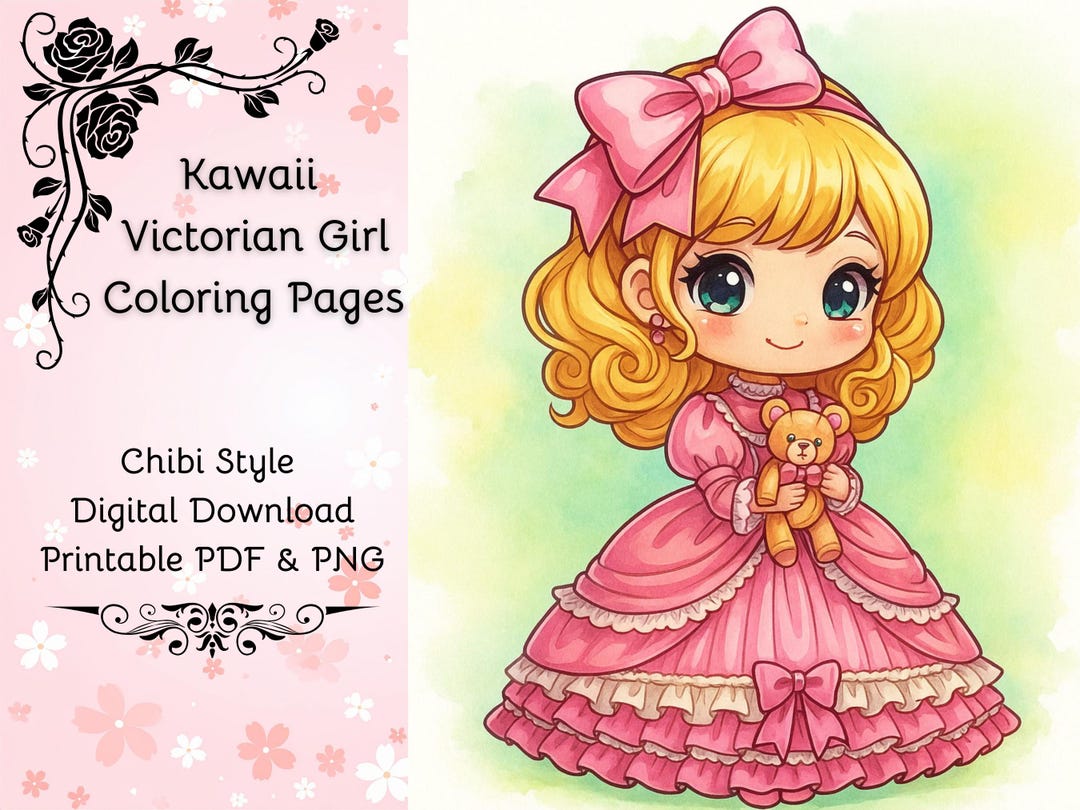 Kawaii Victorian Girl Coloring Page | Chibi Style Digital Download ...