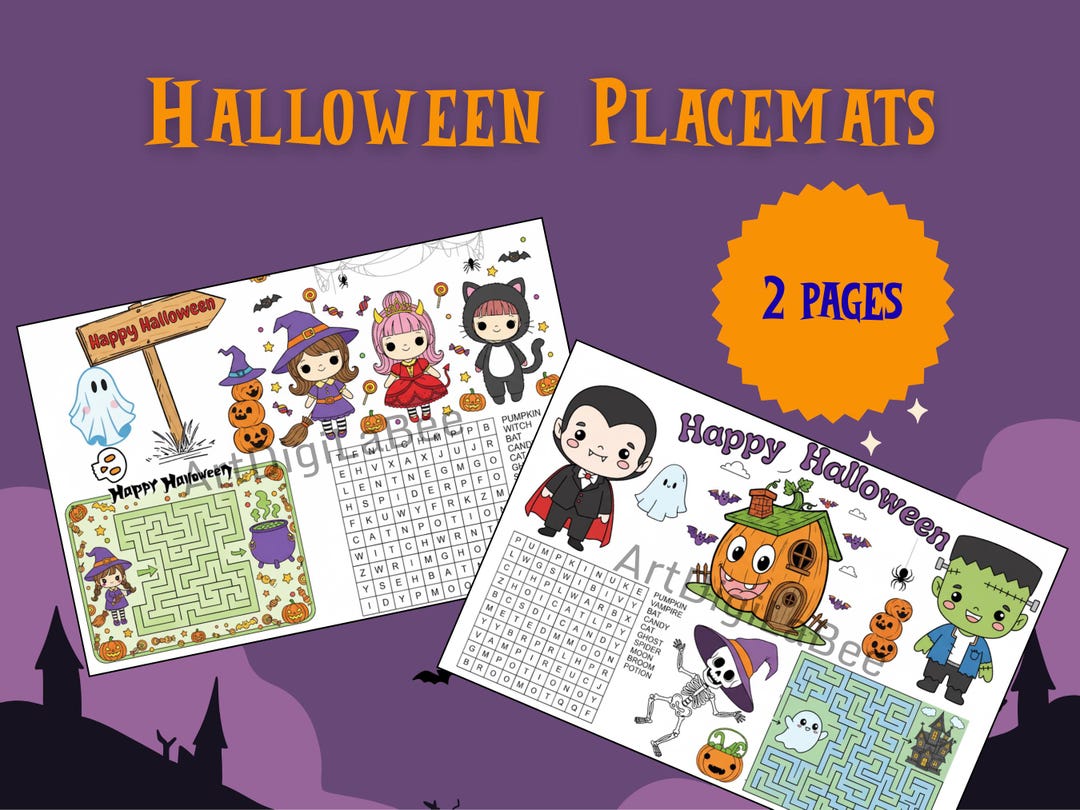 Halloween Activity Placemats for Kids: Maze, Word Search, Coloring (PDF ...