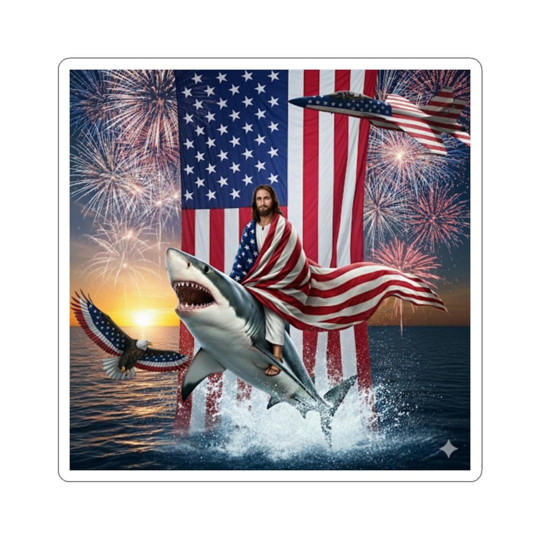 Patriotic Jesus Riding Shark Kiss-cut Stickers | Fun Wall Decor, Gift ...