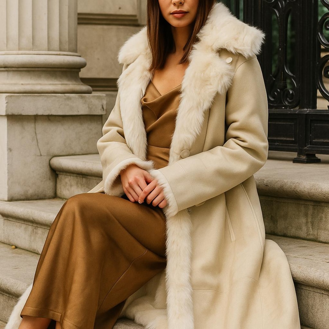 Dames Witte Shearling Bontjas | Handgemaakte Suède Leren Trench | Lange ...