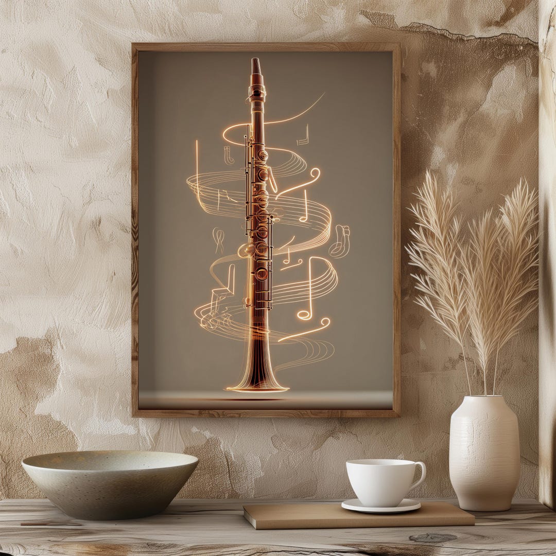 Abstract Music - Clarinet Wall Art Print – Glowing Musical Line Design ...