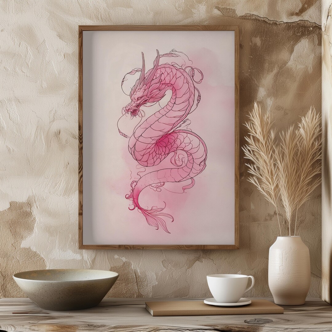 Minimalist Botanical Dragon Art – Japanese Ink Print – Mythical Line ...