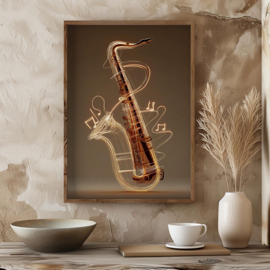 Abstract Music - Saxophone Wall Art Print – Glowing Musical Line Sculpture | Modern Minimalist ...