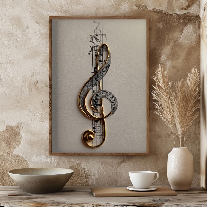 Abstract Music Wall Art | Black & Gold Treble Clef Decor | Minimalist ...