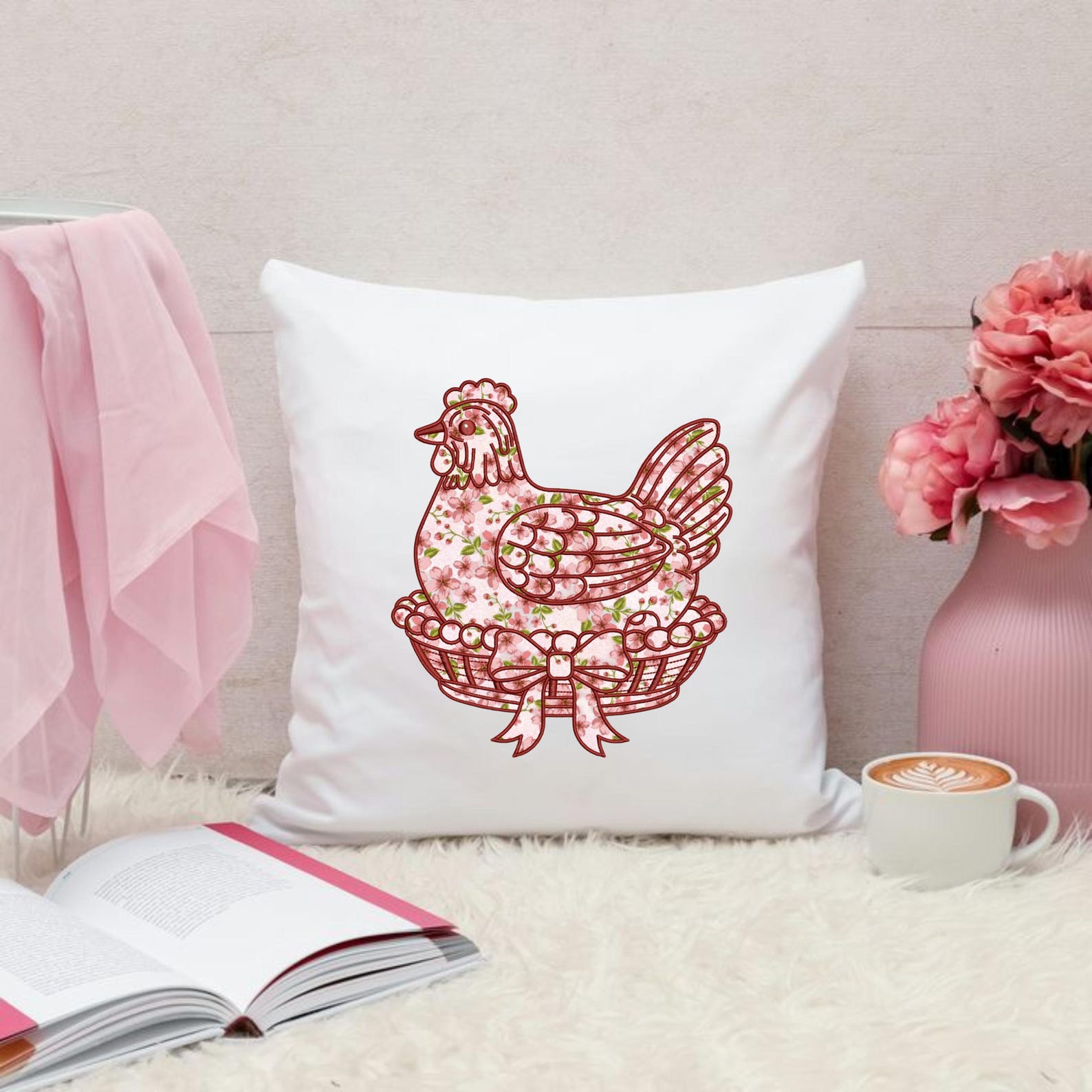 Floral Hen on Nest Embroidery Design | Vintage Chicken Applique ...