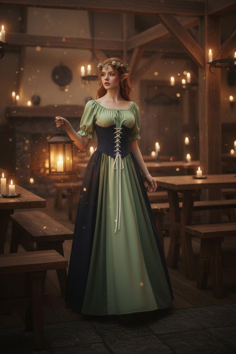 Dress Medieval Fantasy for Women, Renaissance Elf Gown, Green and Blue ...