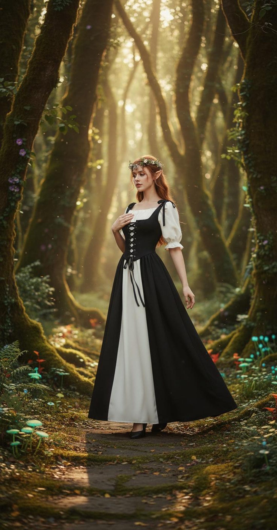 Dress Medieval Fantasy for Women, Renaissance Elf Gown, Black and White ...