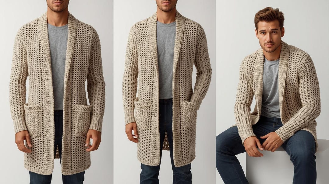 Men's Long Crochet Cardigan Pattern | Two-color Sweater With Pockets ...