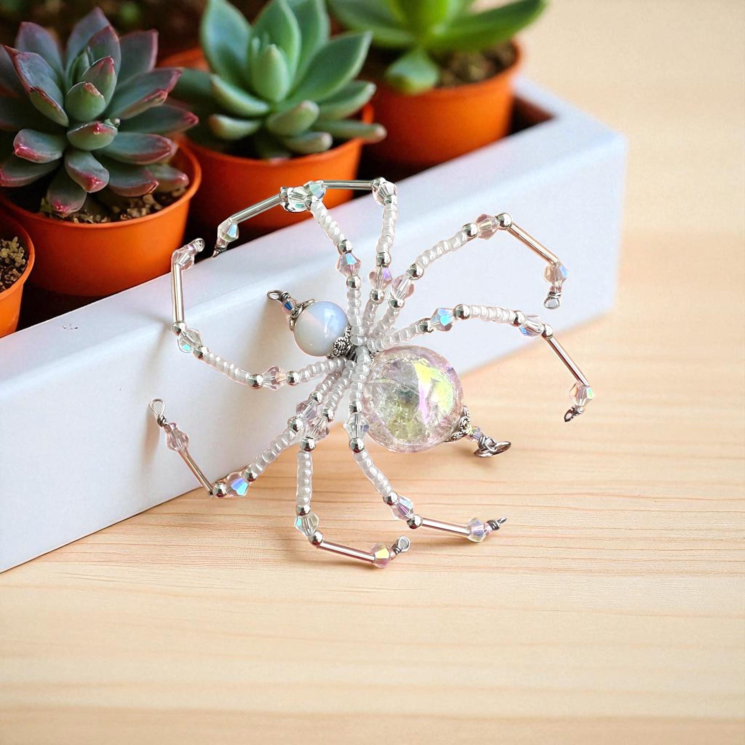 Handmade Iridescent White Bendable Beaded Spider Ornament / Suncatcher ...