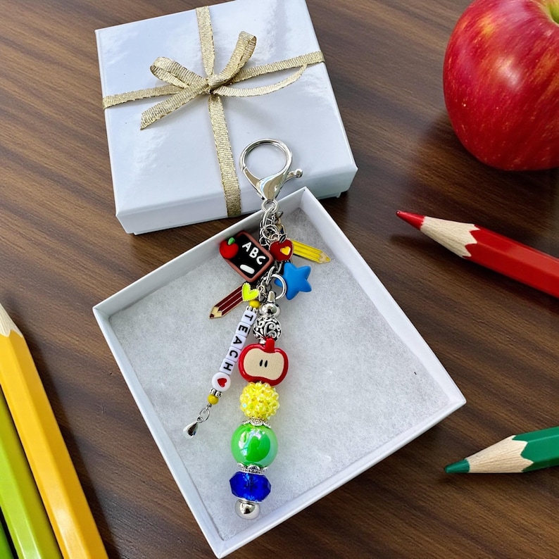 Handmade Teacher Keychain | ABC Chalkboard, Apple Charms - Etsy