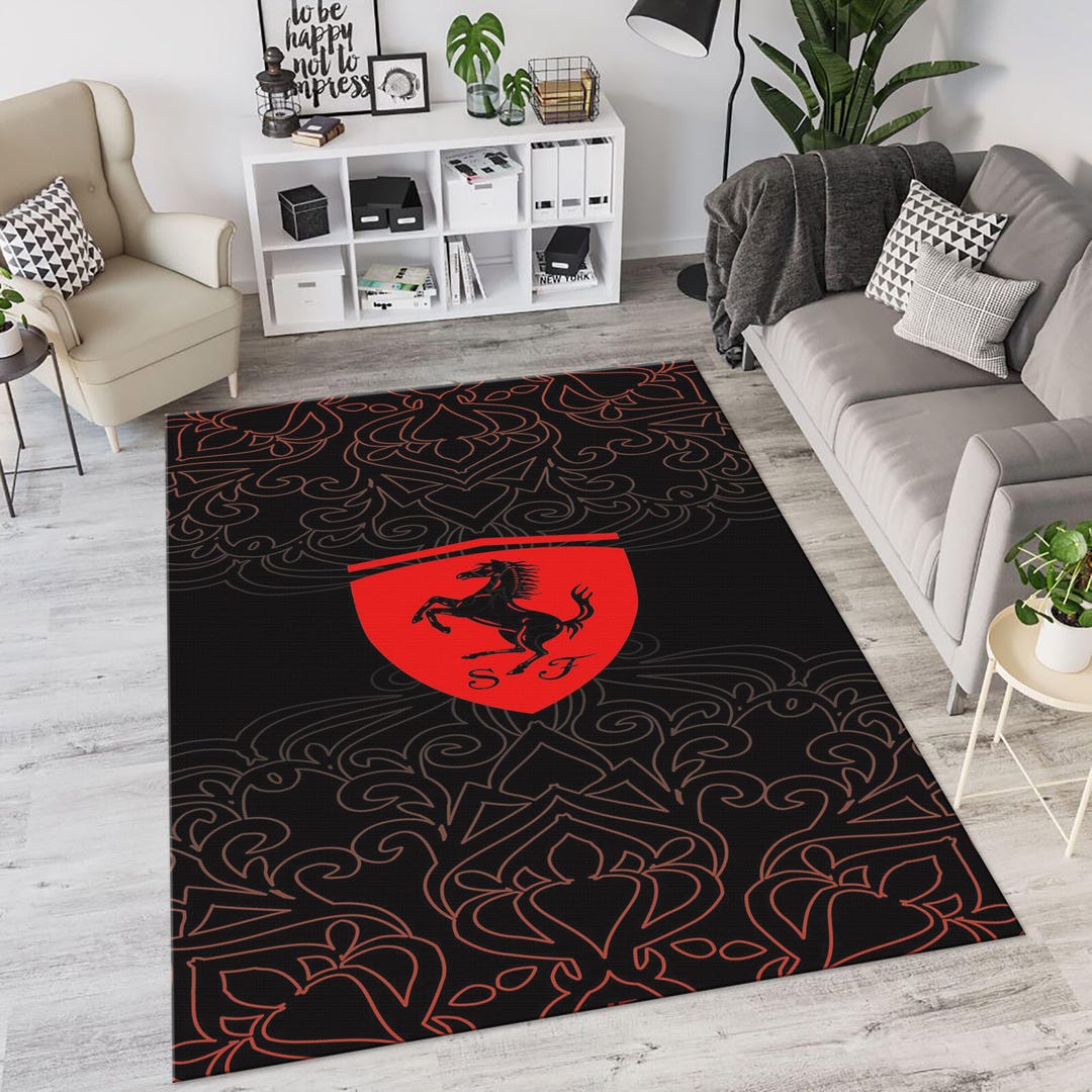 Ferrari Logo Luxury Rug, Red and Black Racing Horse Area Rug, Exotic ...