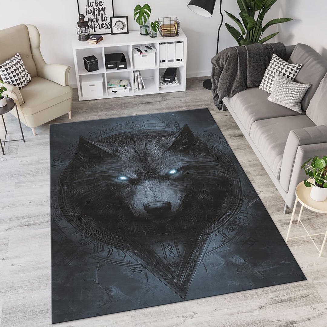 Mystic Wolf Head Rug, Blue Eyes Dark Fantasy Area Rug, Viking Runes ...