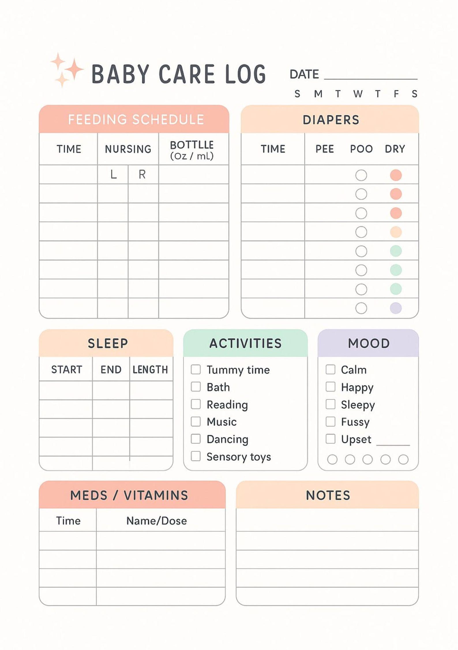 Newborn Baby Care Log | Daily Feeding, Sleep, Diaper Tracker (PDF ...