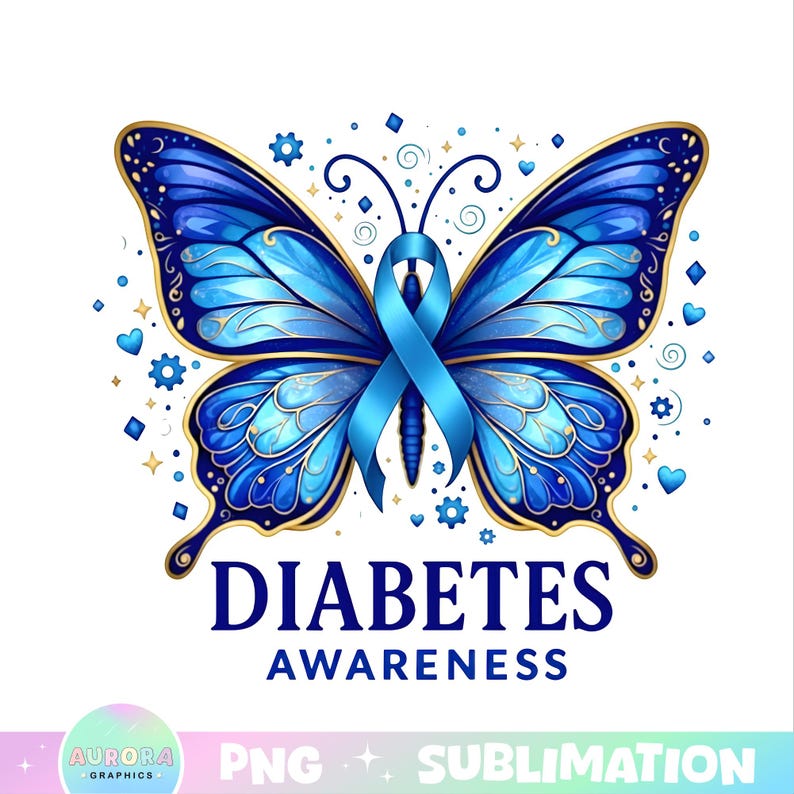 Butterfly Diabetes Awareness Ribbon PNG: Sublimation Design (digital ...