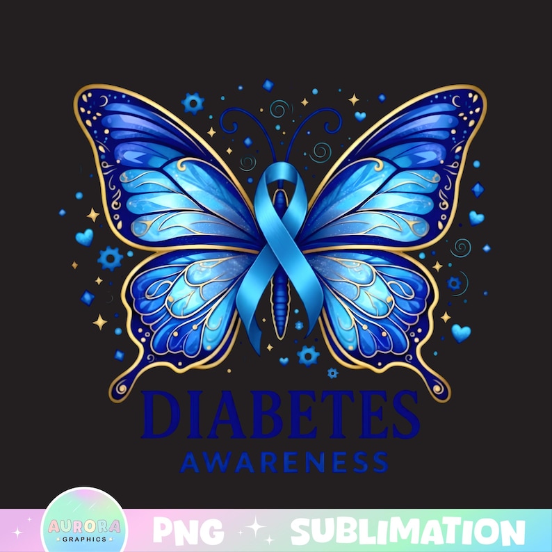 Butterfly Diabetes Awareness Ribbon PNG: Sublimation Design (digital ...