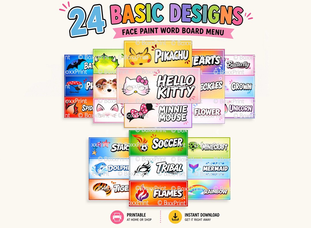 24 Basic Face Paint Word Menu Board | Printable Face Painter Signs ...