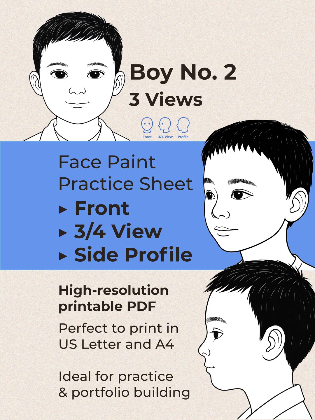 Boy No. 2 – Face Paint Practice Sheet – 3 Views (front, 3/4, Profile ...