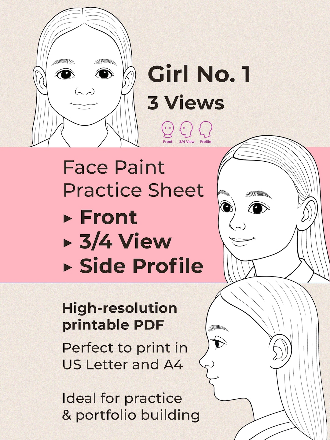 Girl Face Paint Practice Chart – 3 Views, Kids Head Template (printable ...