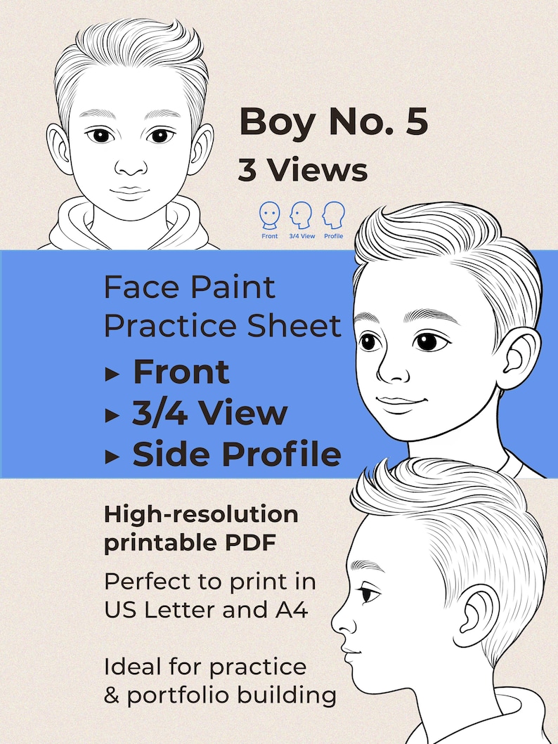 Boy Face Paint Practice Sheet - 3 Views Template (printable PDF) - Etsy