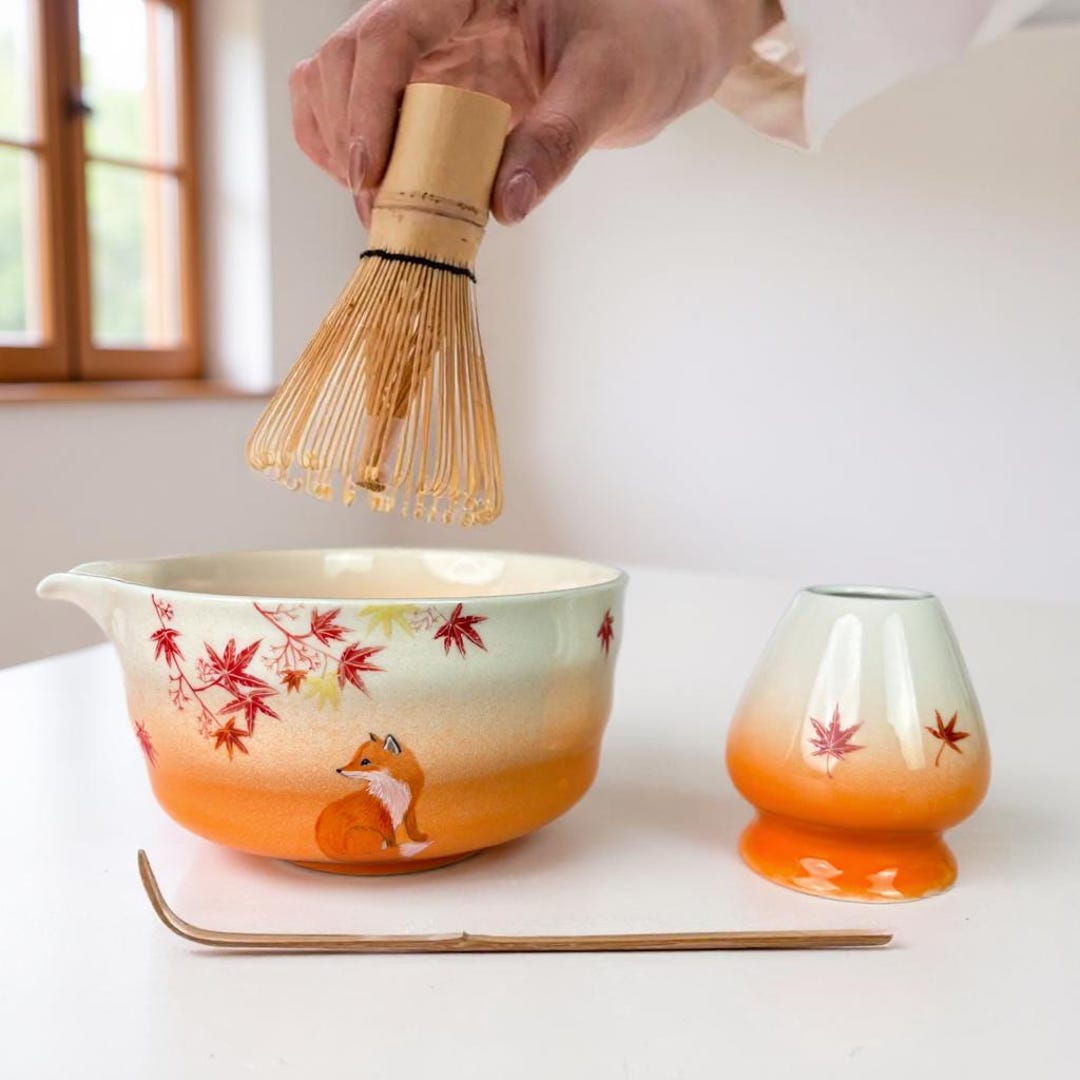 Hand Painted Fox Maple Leaf Matcha Bowl Set: Personalized Ceramic ...