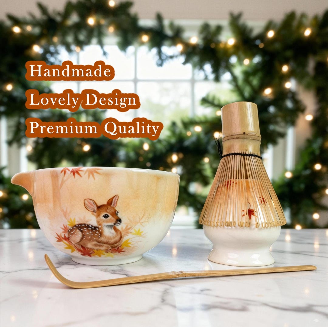 Hand Painted Deer Matcha Bowl Set Personalized Ceramic Chawan With ...