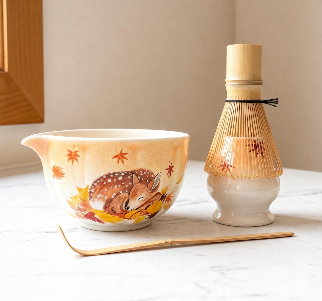Hand Painted Deer Matcha Bowl Set Personalized Ceramic Chawan With ...