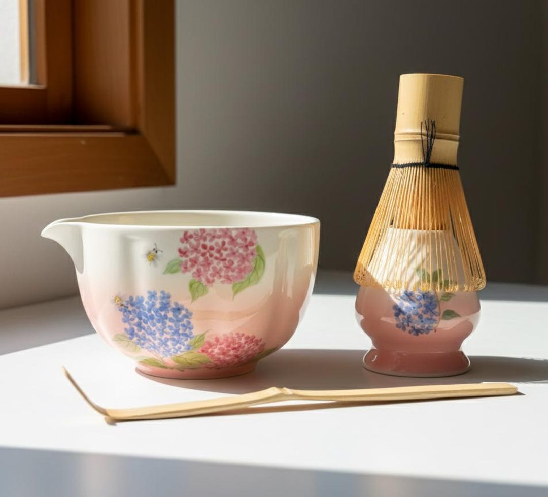Hand Painted Hydrangea Matcha Set Chawan With Spout Bowl & Whisk Stand ...