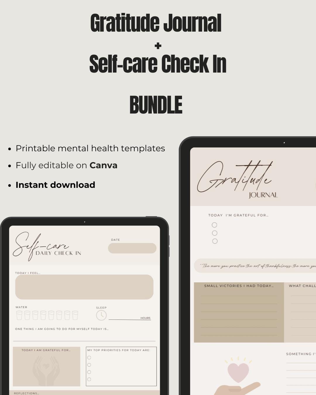 Gratitude Journal + Self-care Check-in BUNDLE | Daily Reflection ...