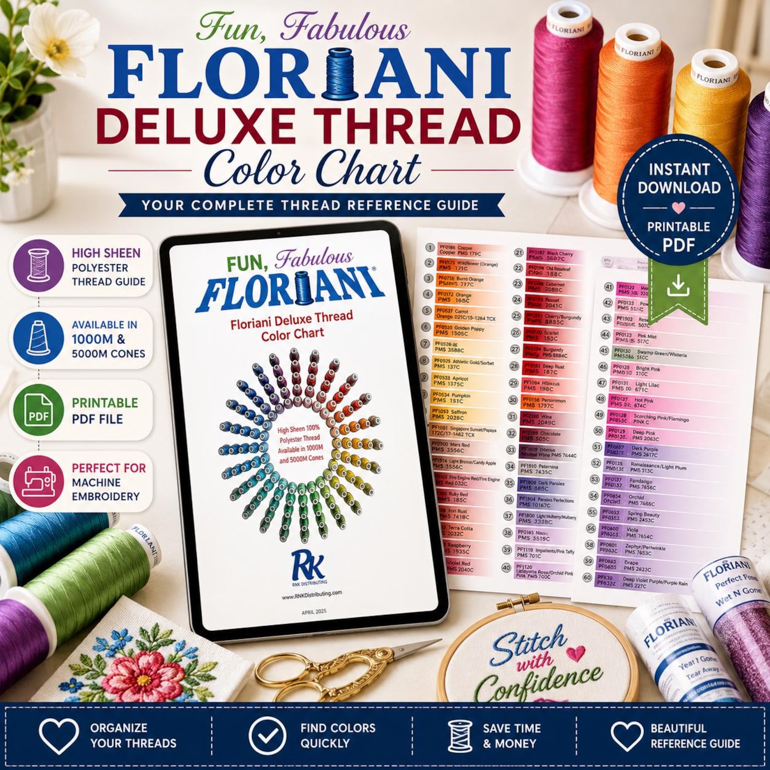 Floriani Deluxe Thread Color Chart PDF | Printable Embroidery Thread ...