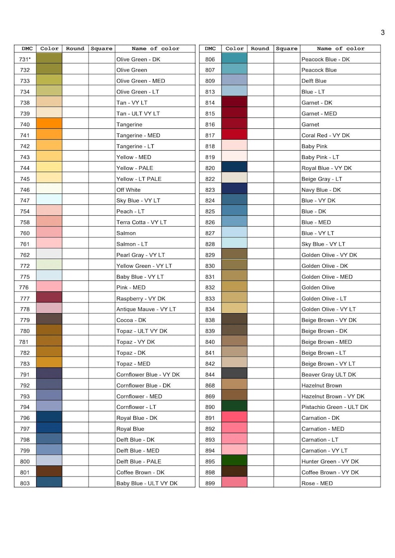DMC Diamond Painting Art Color Chart: Full Number & Name Guide - Etsy