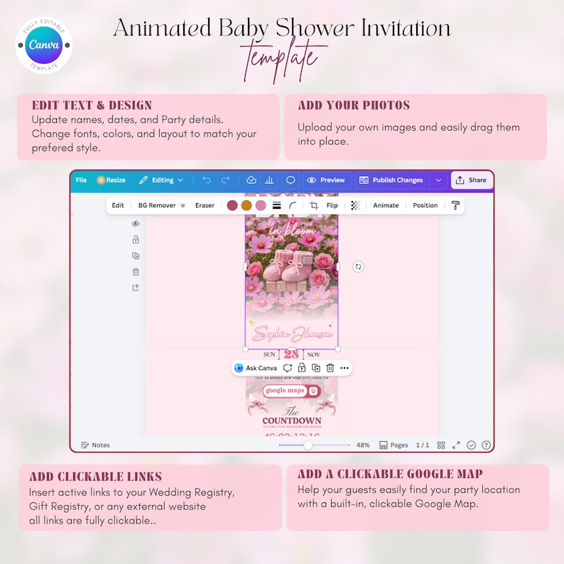 Animated Baby Shower Invitation Girl, Baby in Bloom Evite Trackable ...