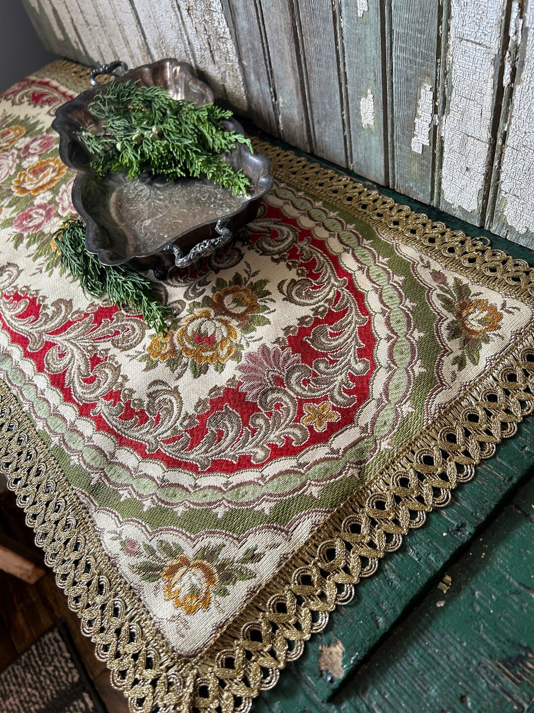 Vintage German Floral Table Runner, Gold Trim - Etsy