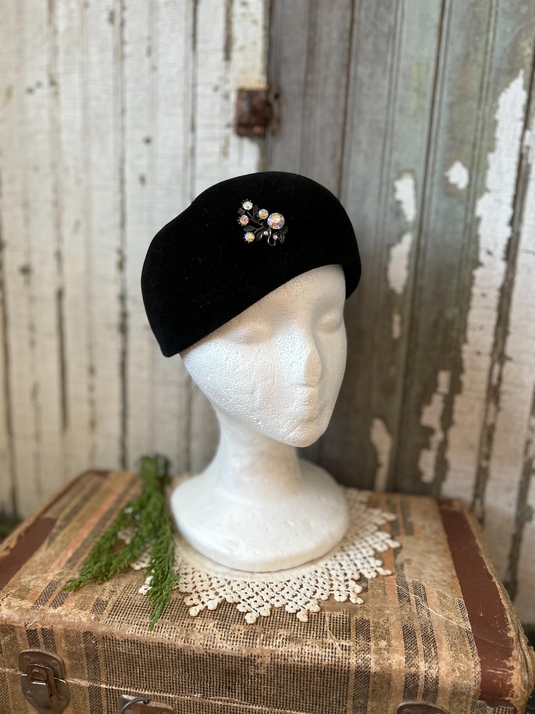 Vintage Rounded Black Velvet Pillbox Style Hat W Rhinestones - Etsy