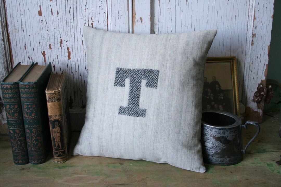 Monogram T PILLOW, Flax Cotton, Wool Tweed, Herringbone, Recycled, Eco ...