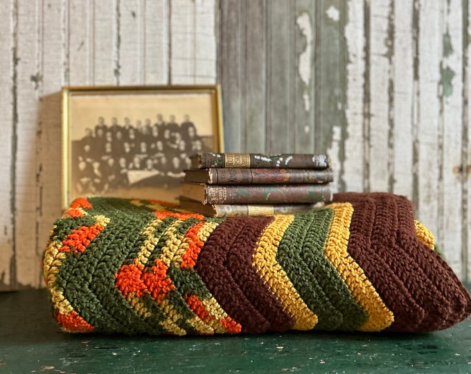 Autumnal, Fall Season Crocheted Throw Blanket, Chevron Pattern, Vintage ...