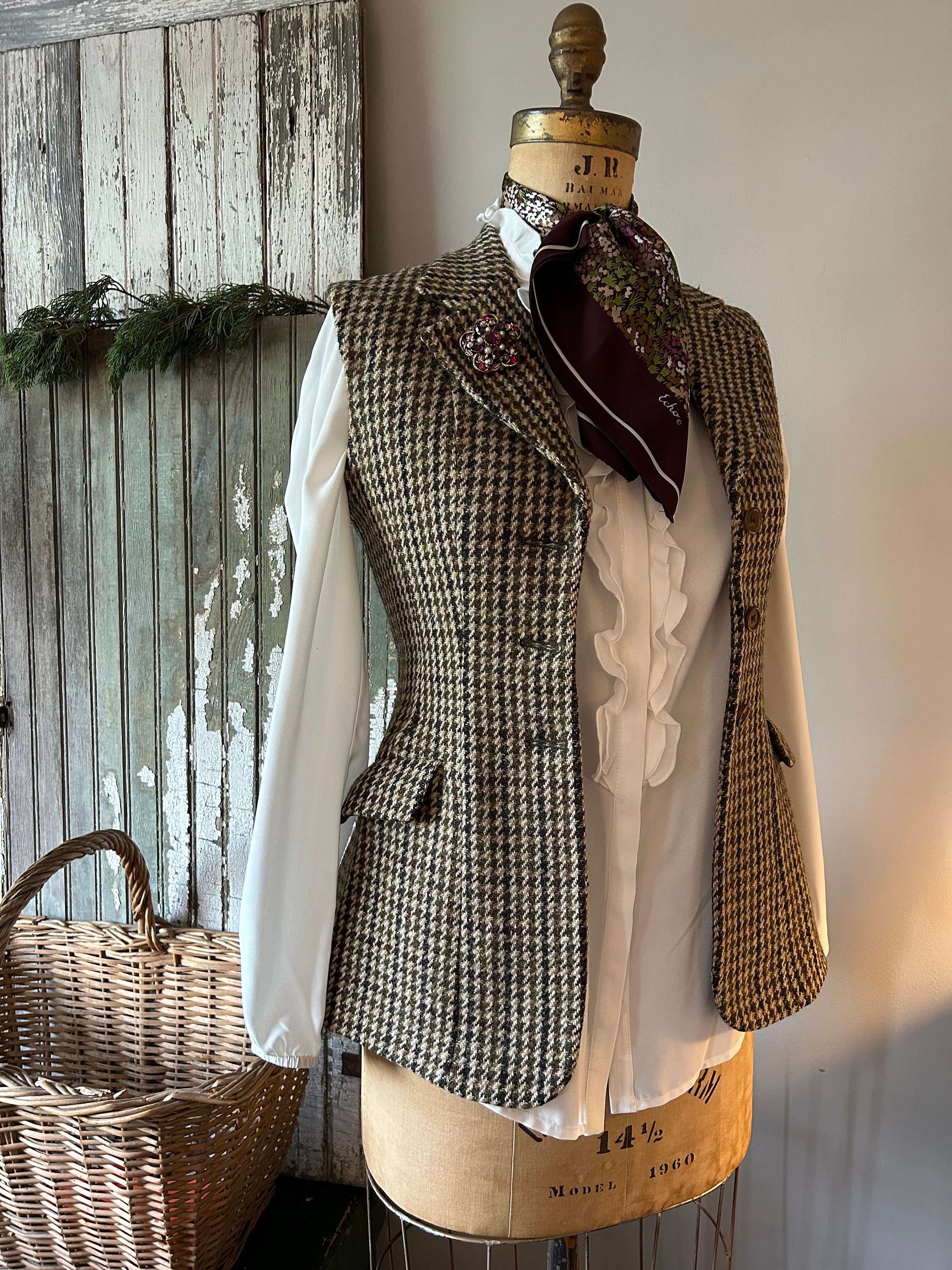 Houndstooth Harris Tweed Vest Vintage Piece Sz Xs Tiny Etsy