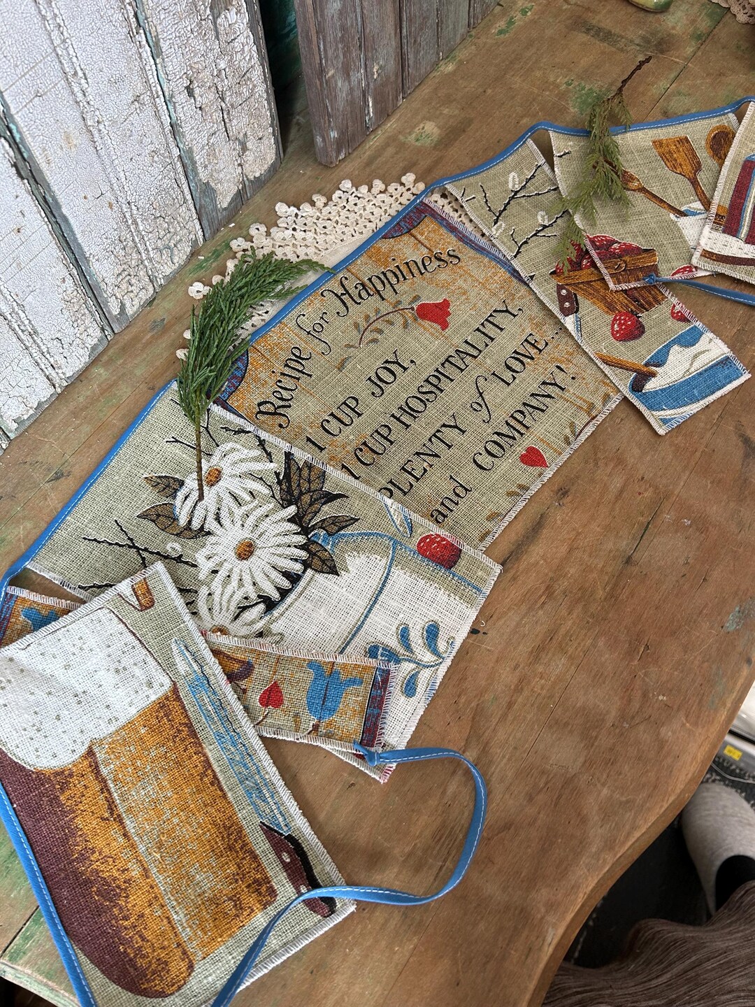 Linen Kitchen Banner, Recipe for Happiness, Made From Vintage Tea Towel ...