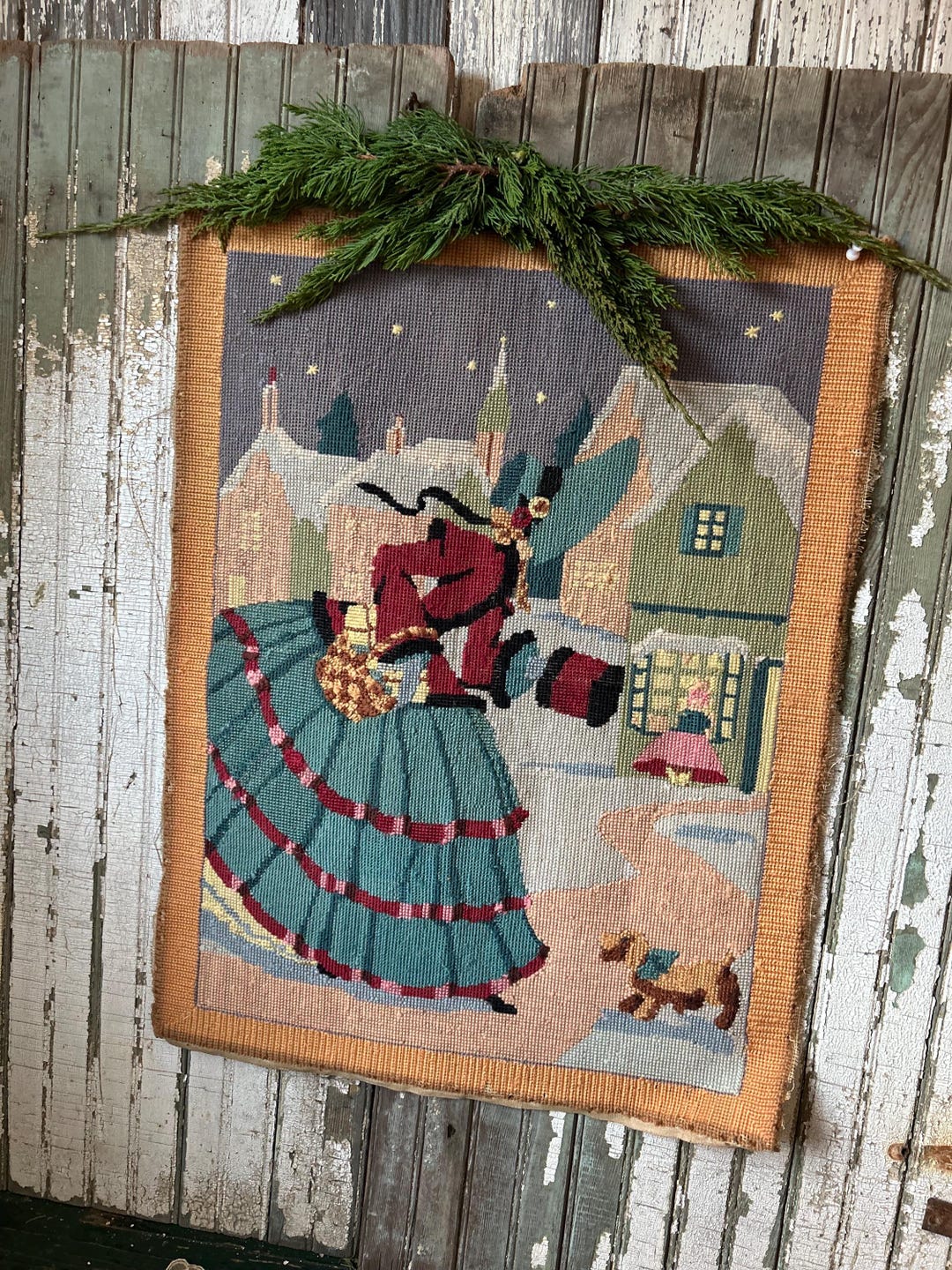 Antique Needlepoint, Old World Dickens Style, Winter Scene, Found in ...
