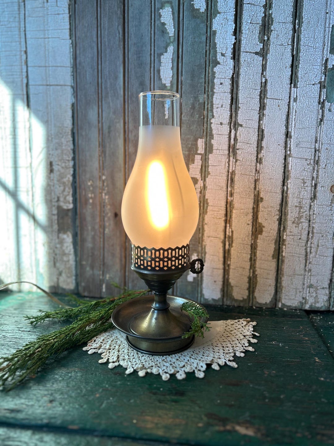 Vintage Hurricane Lamp, Metal Base, Frosted Shade, Romantic Gentle Glow ...