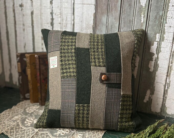 Green Wool Tweed Patchwork PILLOW, Recycled, Handmade, Eco-friendly ...