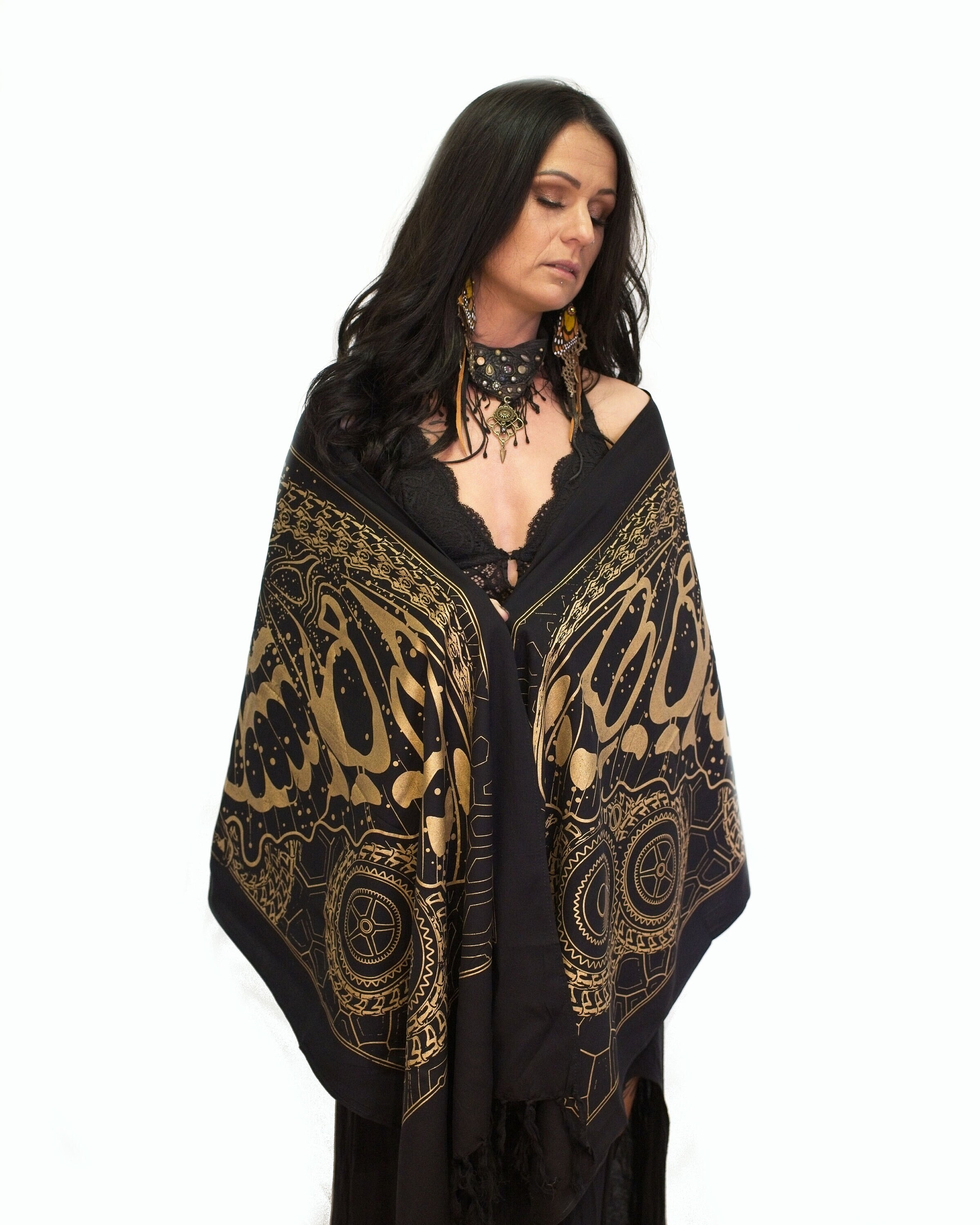 Skull Moth Shawl Wrap Black and Gold Mugwort Psychedelic Visionary Art ...