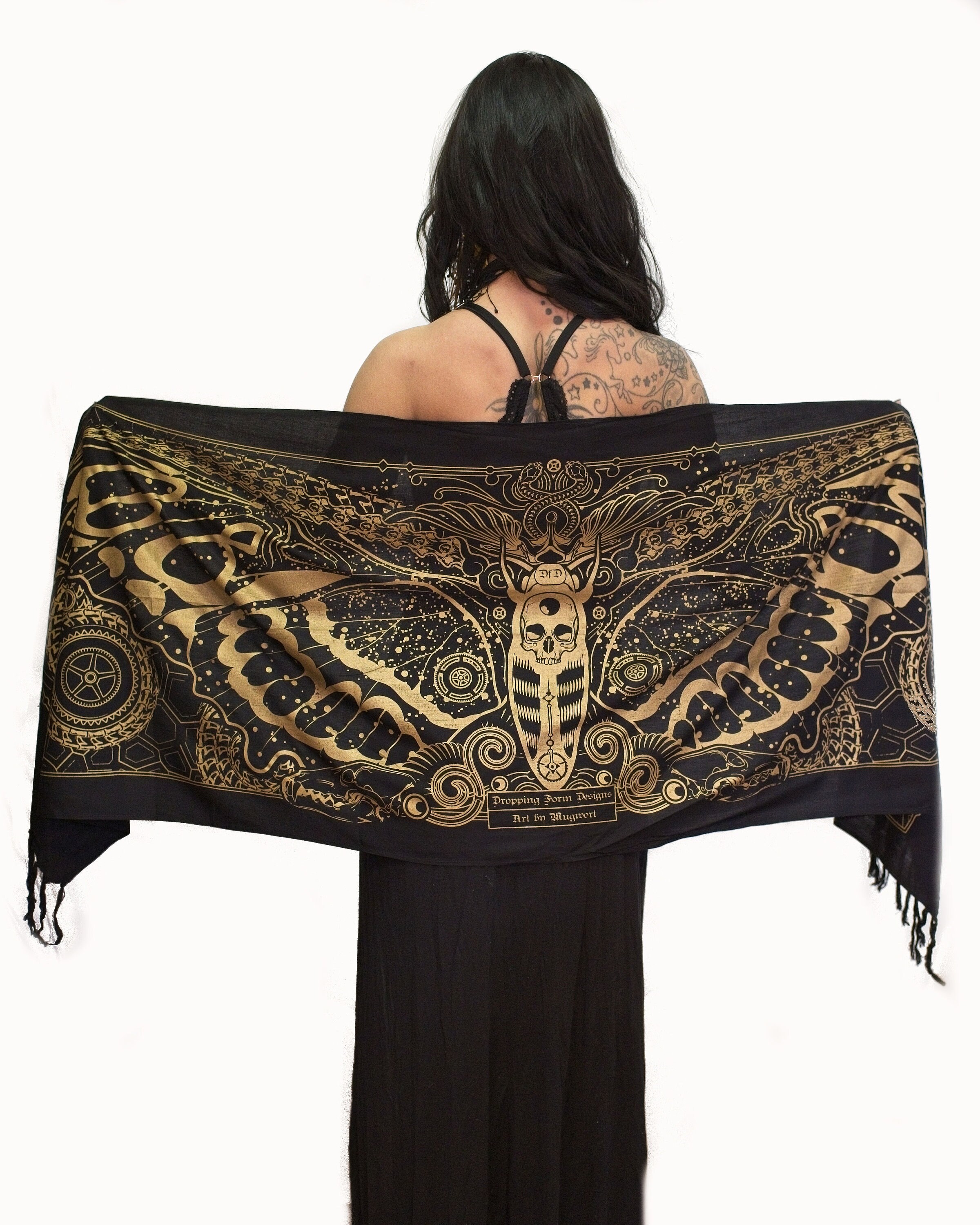 Skull Moth Shawl Wrap Black and Gold Mugwort Psychedelic Visionary Art ...