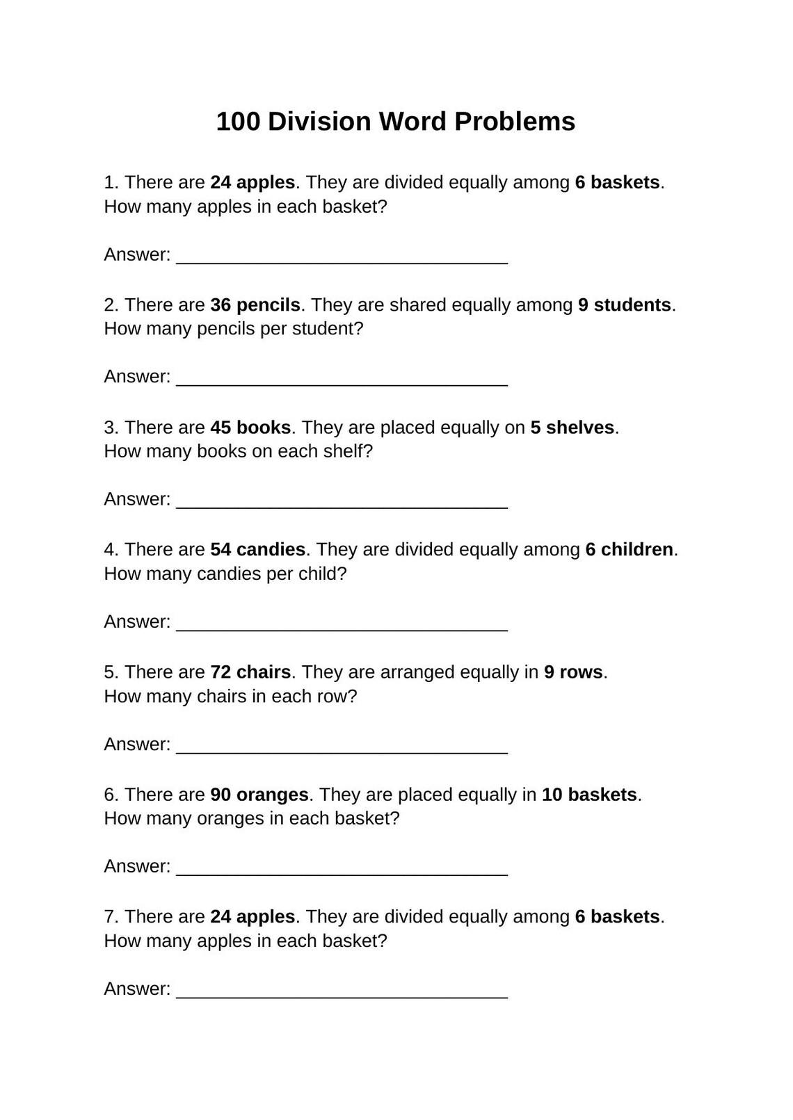 100 Division Word Problems for Beginners - Etsy
