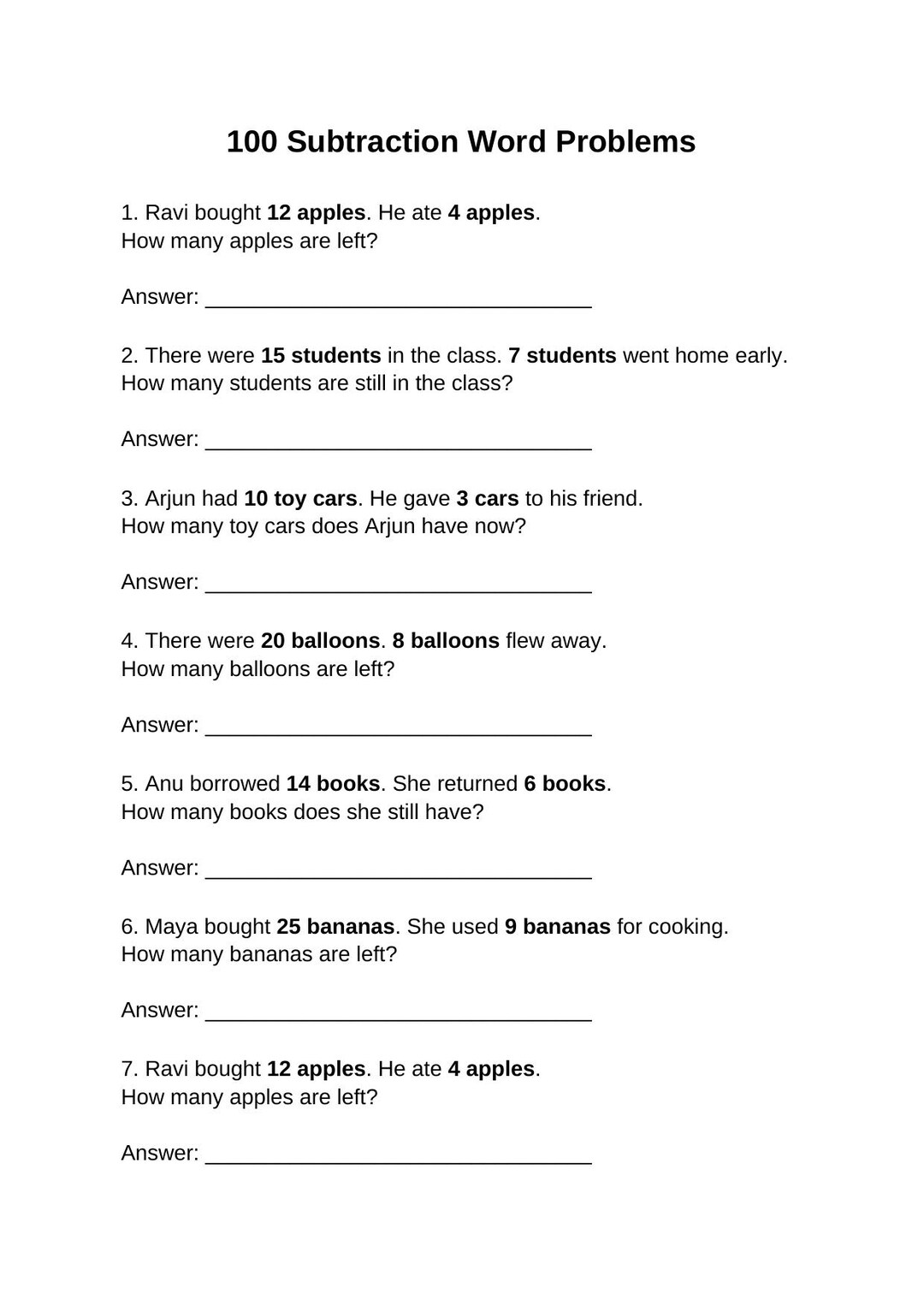 100 Subtraction Word Problems for Beginners - Etsy