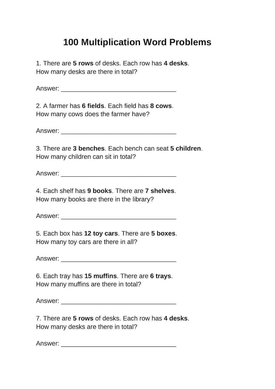 100 Multiplication Word Problems for Beginners - Etsy