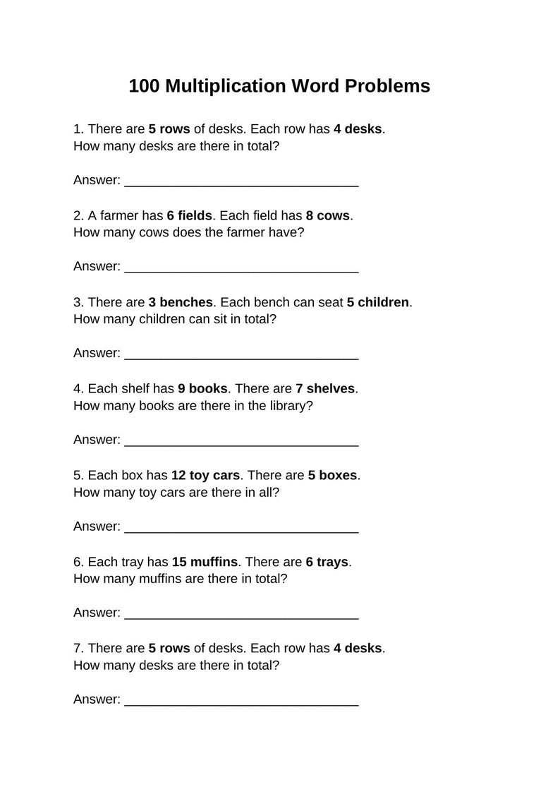 100 Multiplication Word Problems for Beginners - Etsy