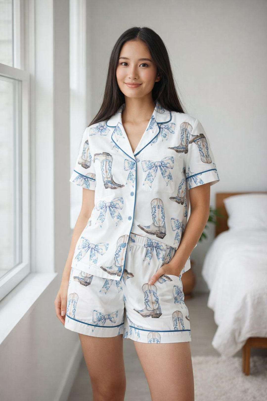 Cowboy Boots & Bows Satin Pajama Set, Western Sleepwear - Etsy