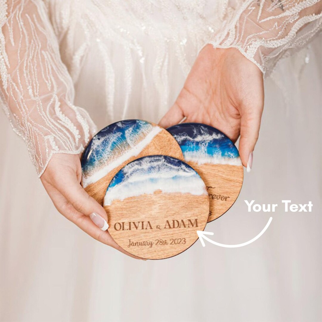 Personalized Wooden Coasters With Ocean Wave Design, Custom Wedding ...