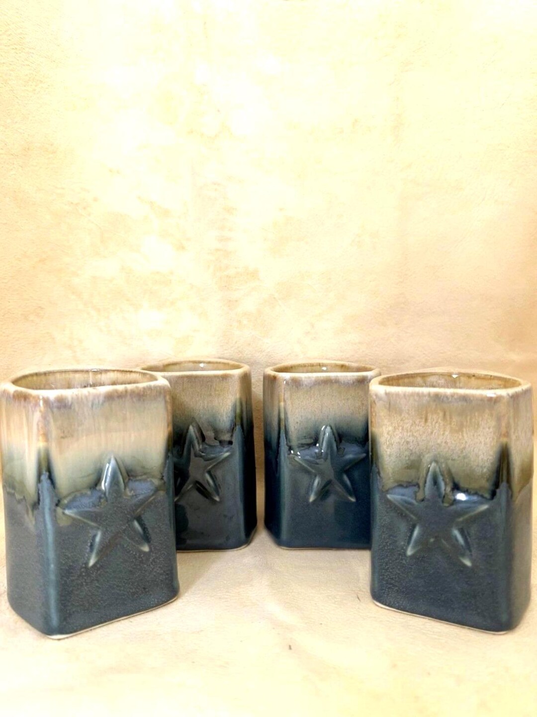 4 Signed Vintage Padilla Mexican Pottery Flat Mugs Drip Glaze Blue Tan ...