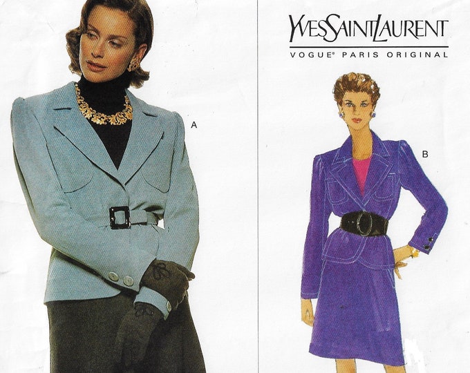 90s Yves Saint Laurent Womens Retro Belted Jacket & A Line Skirt Vogue ...
